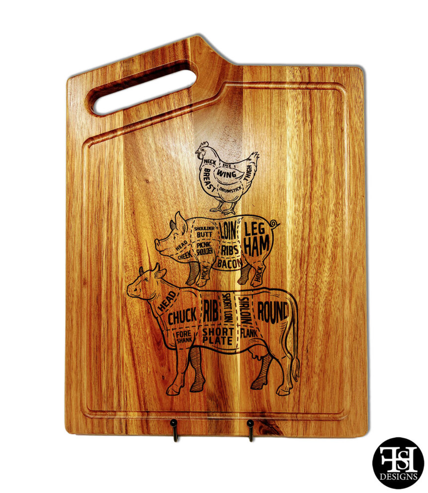 Cuts of Meats Outlined Acacia Wood Cutting Board – FHS Designs – Custom ...